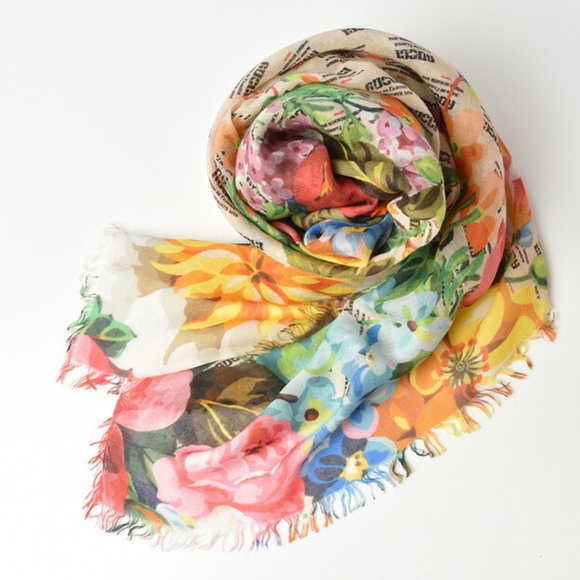 Gucci | Accessories | Gucci Twill Scarf Shawl Muffler Flower Motif Gg ...